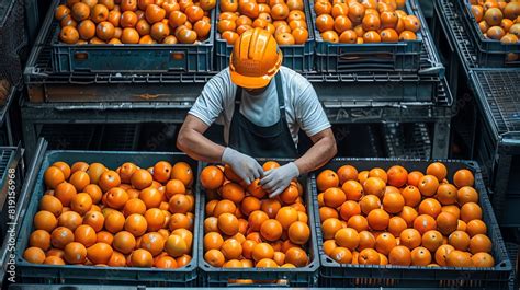Worker In A Warehouse Sorting Fresh Oranges In Crates Ensuring Fruit