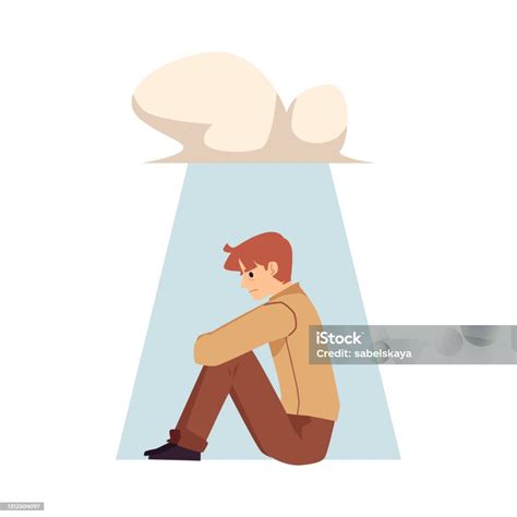 비 구름 아래 외로운 화가 남자 캐릭터 플랫 벡터 일러스트 고립 감정에 대한 스톡 벡터 아트 및 기타 이미지 감정 걱정하는