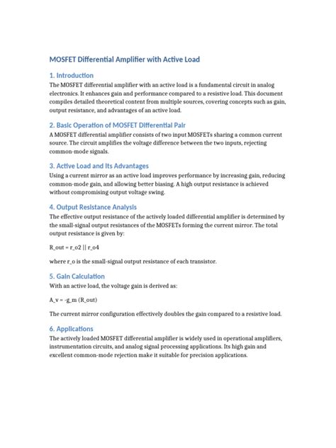 Mosfet Differential Amplifier Active Load Pdf