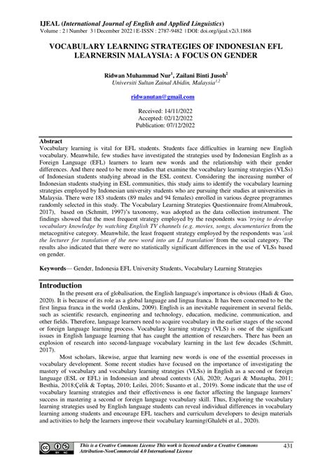 Pdf Vocabulary Learning Strategies Of Indonesian Efl Learners In Malaysia A Focus On Gender