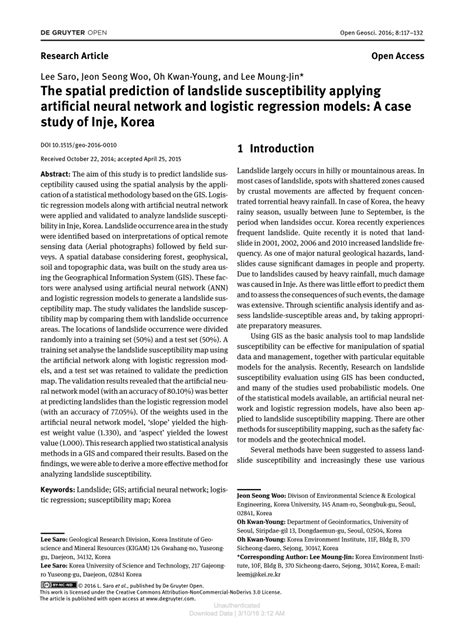 Pdf The Spatial Prediction Of Landslide Susceptibility Applying Artificial Neural Network And