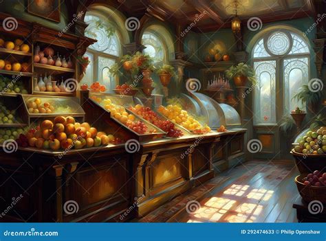 Interior Of An Old Fashioned Fruit Shop With Products On Display On