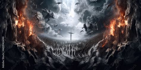 Heaven And Hell With Many Lost Souls Angels Fight Background Image