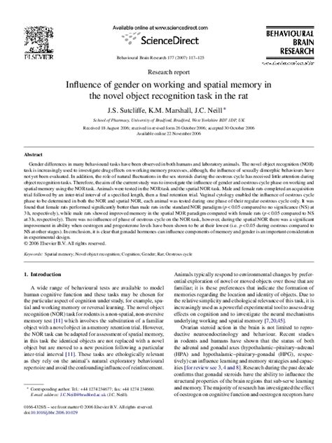 Pdf Influence Of Gender On Working And Spatial Memory In The Novel