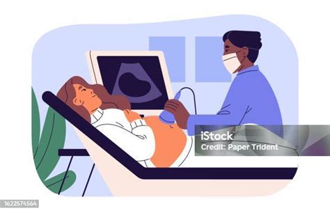초음파 진단 및 임신 의사 초음파 검사 병원에서 초음파 검사를 받는 임산부 산부인과 의사 스캔 아기 초음파 검사 흰색에 평면
