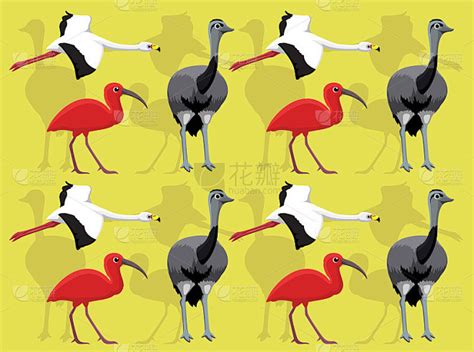 朱鹮火烈鸟美洲鸵卡通人物无缝壁纸