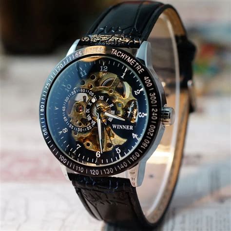 Men Business Hollow Skeleton Dial Faux Leather Automatic Mechanical Wrist Watch In Mechanical