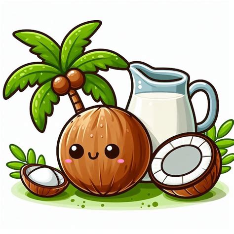 Noix De Coco Entière Avec Des Trous Darbre Icône De Noix De Coco De Dessin Animé Le Lait De