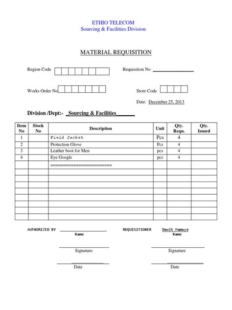 Material Requisition Ethio Telecom Sourcing And Facilities Division