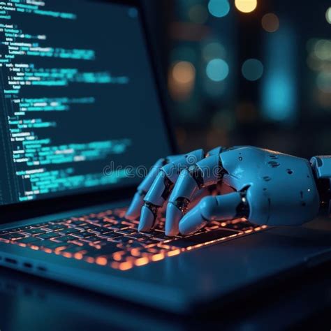 Robot Hand Typing On Keyboard With Glowing Code Lines Futuristic Digital Background Stock