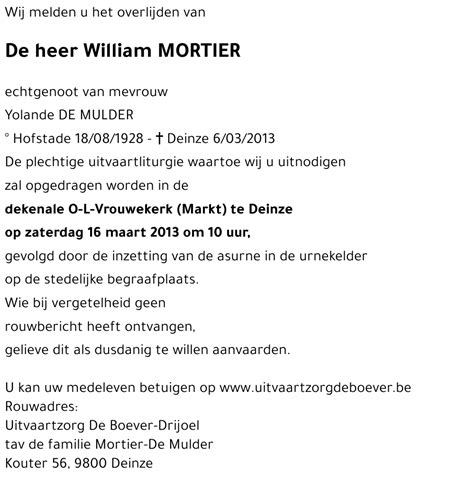 Avis De Décès De William Mortier Décédé Le 06 03 2013 à Deinze Annonce Condoléances Fleurs
