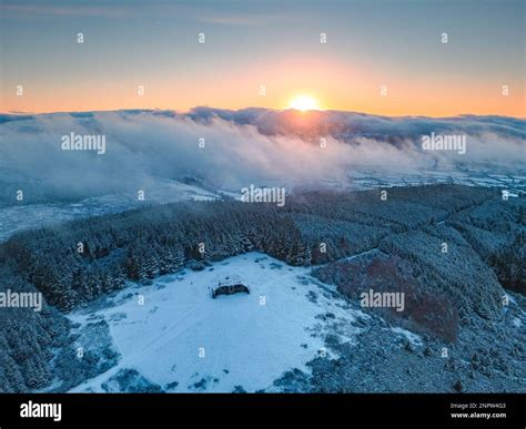 Aerial View Of Freezing Fog And Snow Cover At The Hellfire Club On A