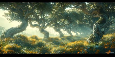 A Cluster Of Tall Leafy Trees Gracefully Sway In The Lush Green Grass