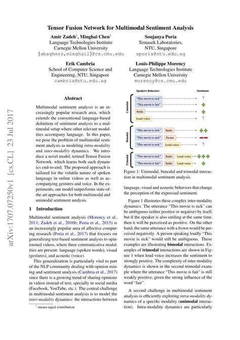Pdf Tensor Fusion Network For Multimodal Sentiment Analysis