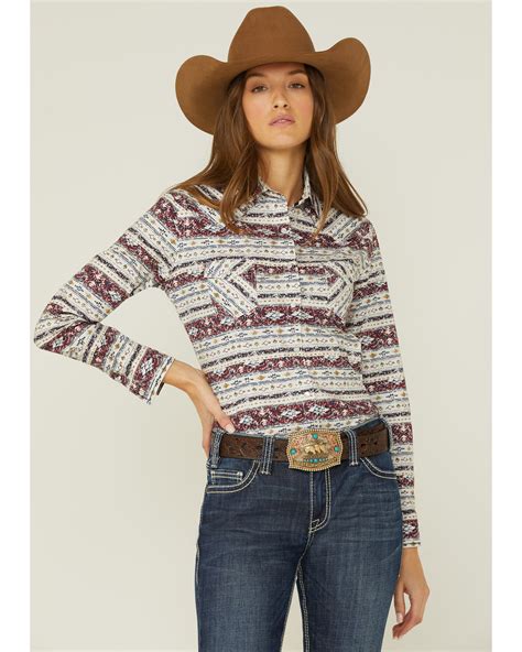 Panhandle Womens Southwestern Print Long Sleeve Button Down Shirt Wine