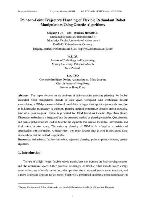 Pdf Point To Point Trajectory Planning Of Flexible Redundant Robot Manipulators Using Genetic