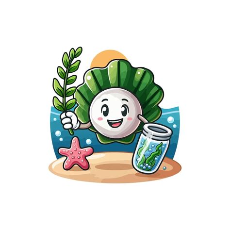 Concha de perla y algas en el océano dibujos animados icono vectorial
