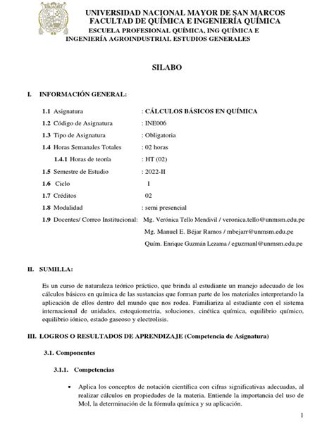 Sílabo Cálculos Básicos En Química 2022 Ii Pdf Pensamiento