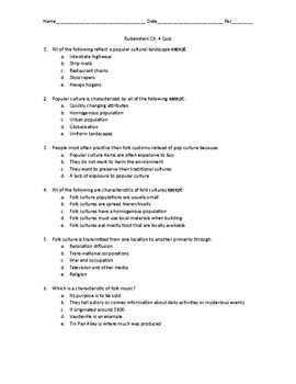 AP Human Geography Chapter 4 Folk And Popular Culture Quiz Rubenstein