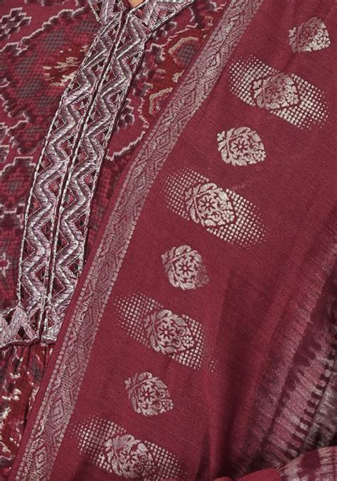 Buy Women Maroon Cotton Anarkali Kurta With Pants And Dupatta Set Of 3
