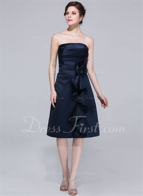 Sheath Column Strapless Knee Length Satin Bridesmaid Dress With Flower S Cascading Ruffles