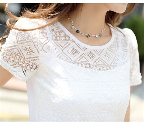Free Ship Ping Summer Women White Lace Blouse Short Sleeve Plus Size