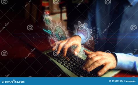 Man Typing On Keyboard With Data Management Hologram Stock Photo Image Of Cyber Businessman