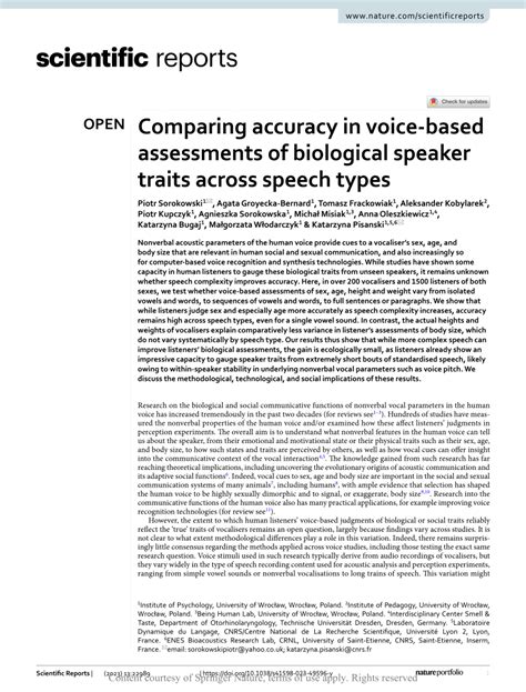 Pdf Comparing Accuracy In Voice Based Assessments Of Biological Speaker Traits Across Speech Types