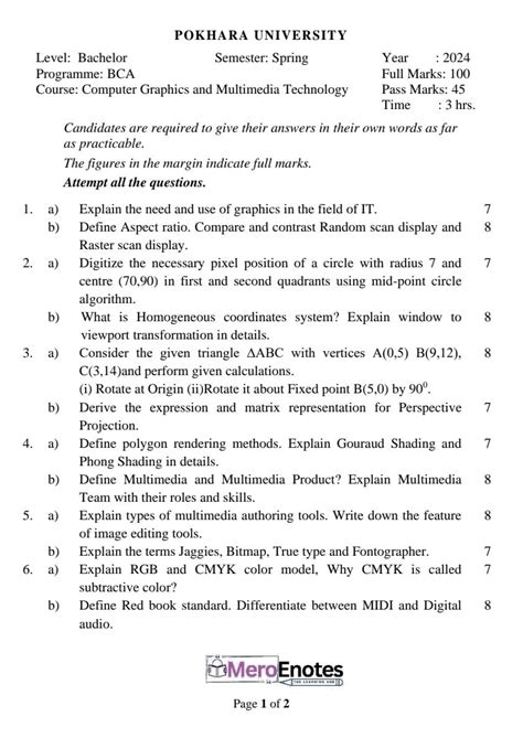 Pokhara University Pu Bca Computer Graphics Question Paper 4th Semester