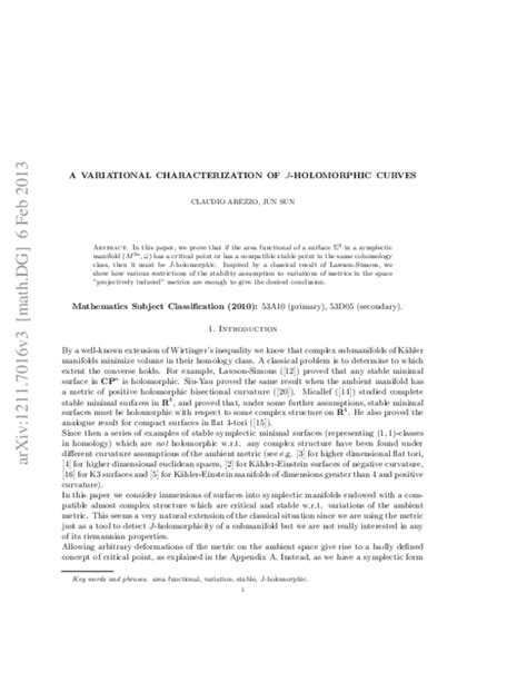 Pdf A Variational Characterization Of J Holomorphic Curves