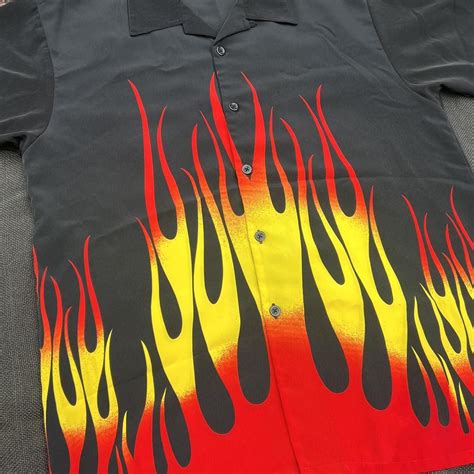 Y2k Fire Flames Button Up Tee Shirt In Good Depop