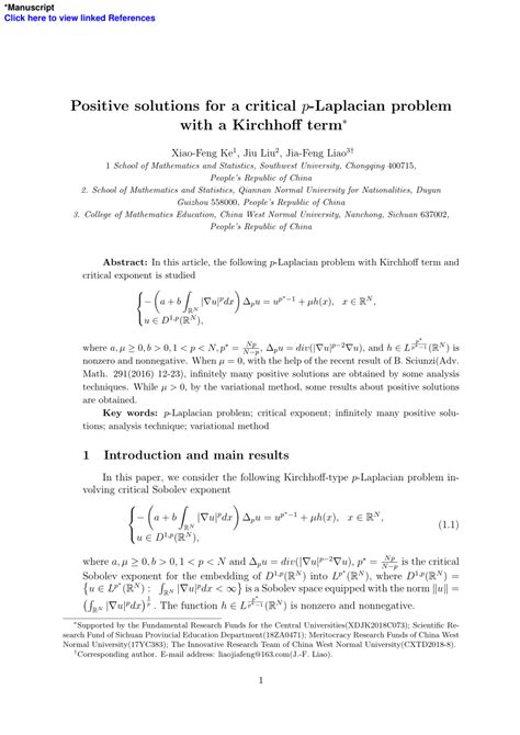 Pdf Positive Solutions For A Critical P Laplacian Problem With A Kirchhoff Term