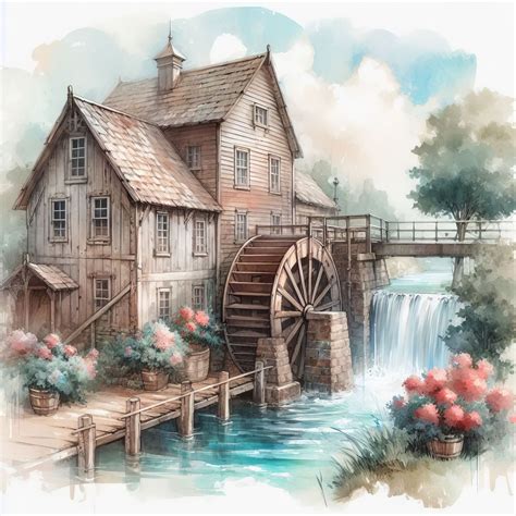 Old Mill Clip Art 10 High Res Watercolor Jpegs For Junk Journaling