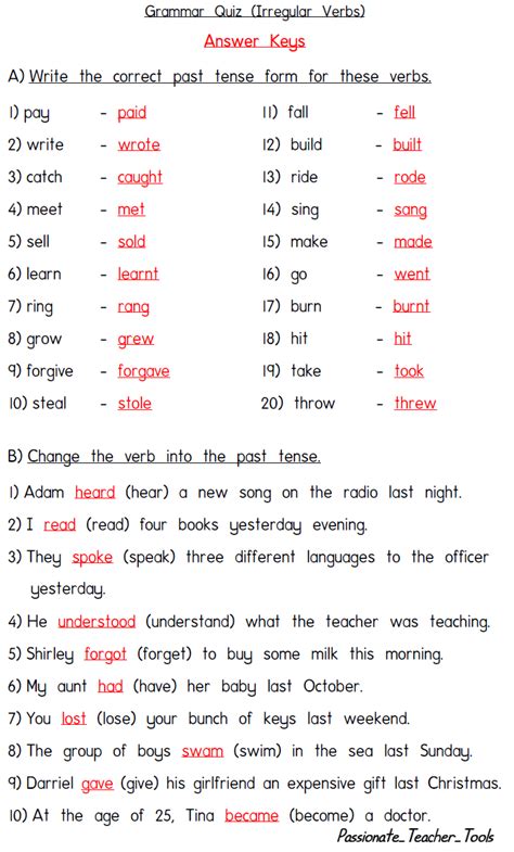 Passionate Teacher Tools Irregular Verbs Charts Quiz With Answers