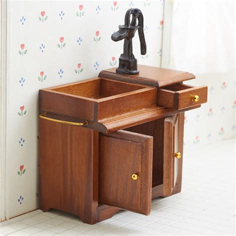Dollhouse Miniature Walnut Wet Sink Kitchen Miniatures Dollhouse