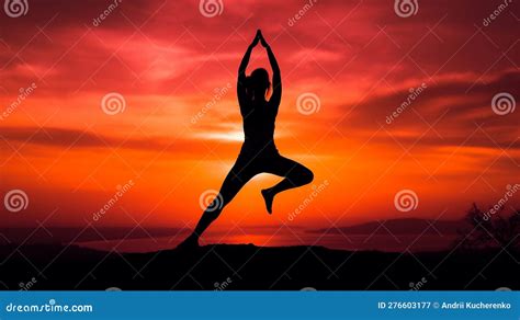 Abstract Woman Doing Yoga Beautiful Natural Sunset Background Yoga