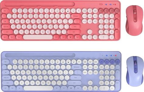 Wireless Keyboard And Mouse Combo Pink And Purple Retro Round Keycaps Cute Full Size Typewriter