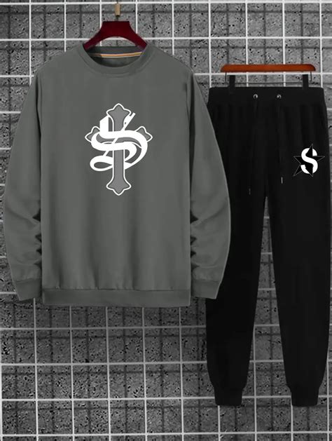Cross Pattern Print Mens Long Sleeve Round Neck Street Temu Canada