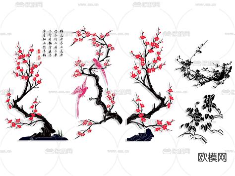 新中式水墨梅花腊梅剪影剪纸墙饰3d模型下载 Id12062438 3dmax免费模型 欧模网