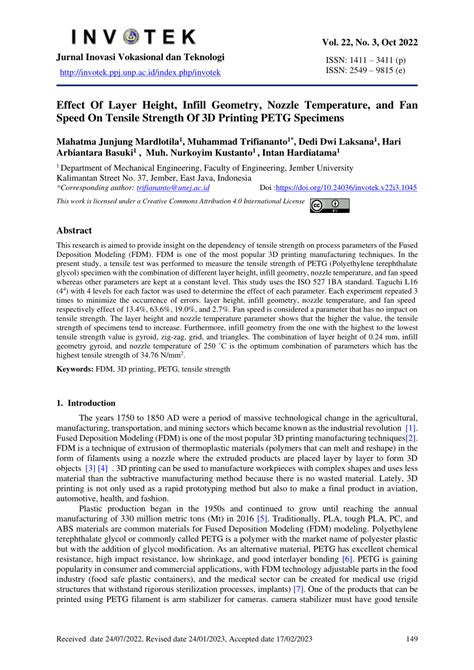 Pdf Effect Of Layer Height Infill Geometry Nozzle Temperature And Fan Speed On Tensile