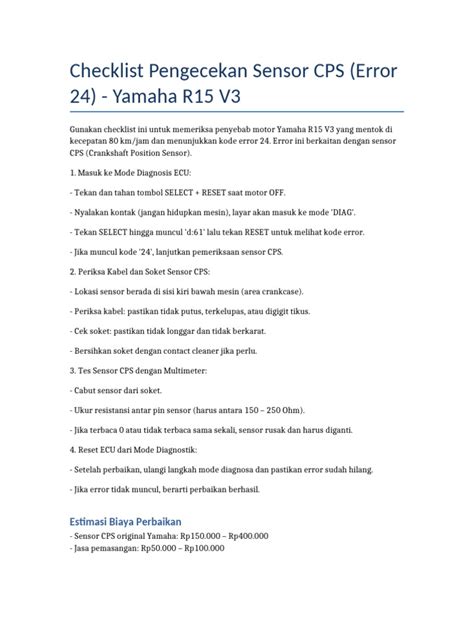 Checklist Pengecekan Sensor Cps R15v3 1 Pdf
