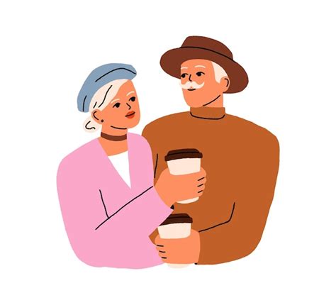 날짜에 커피 컵과 수석 사랑 커플입니다 현대의 노인 남성과 여성 연애 관계에 있는 늙은 남편과 아내 성숙한 가족 배우자