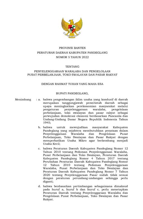 Peraturan Daerah Kab Pandeglang No 5 Tahun 2022 Tentang