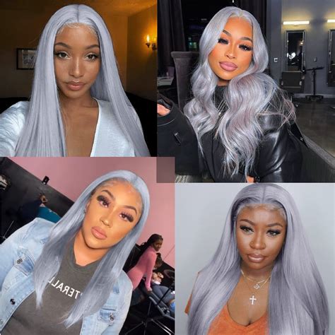 Grey Lace Front Wigs Human Hair For Women Long Straight Slate Grey