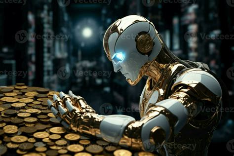 Cryptocurrency Coins Gripped By A White Robots Mechanical Hand AI Generated Stock Photo