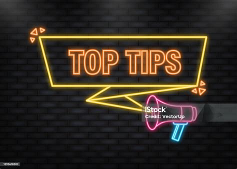 네온 아이콘 상단 팁 메가폰 노란색 배너 흰색 배경에 3d 스타일 벡터 일러스트 레이 션 1위에 대한 스톡 벡터 아트 및 기타 이미지 Istock