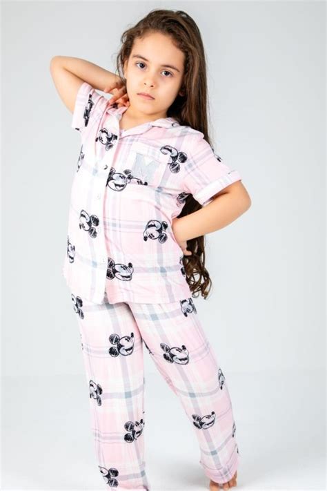 Girls Pink Grey Check Mickey Button Through Pj