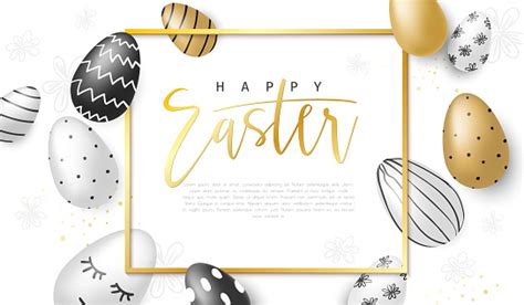 벡터 일러스트 레이 션의 부활절 날 인사말 배너 템플릿 손 글자 레이블행복 한 부활절현실적인 흰색 검은 색과 금색 계란 개념에 대한 스톡 벡터 아트 및 기타 이미지 Istock