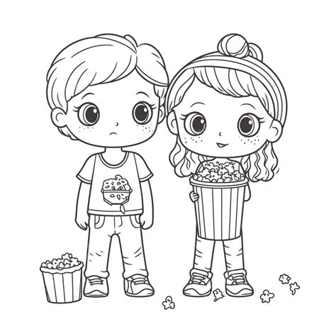 ポップコーン バッグの輪郭スケッチ図を保持している 2 人の子供のぬりえページ ベクターイラスト画像とpngフリー素材透過の無料ダウンロード