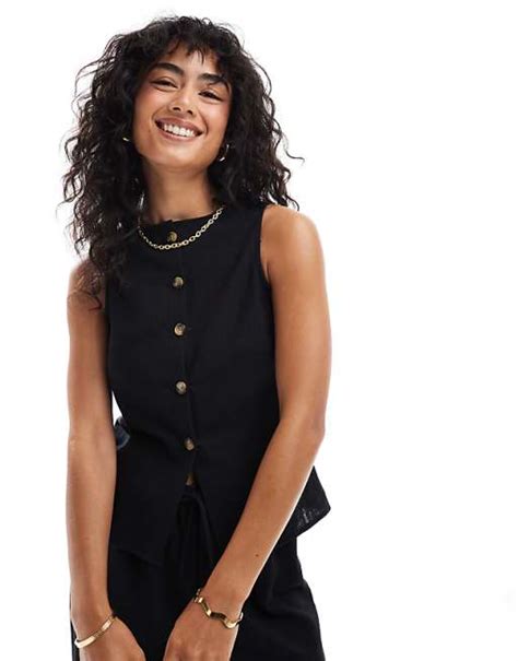 Asos Design Linen Look Waist Coat In Black Co Ord Asos